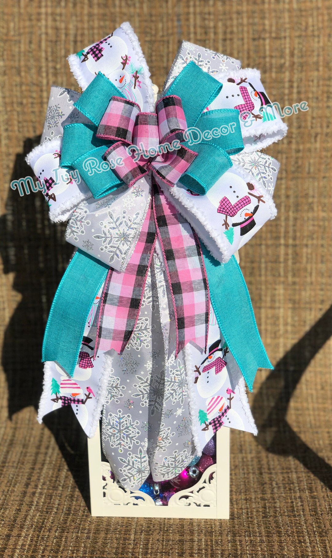 Pastel Pink and Teal Snowmen Ribbon, Winter Front Door Wreath Bow, Pink ...