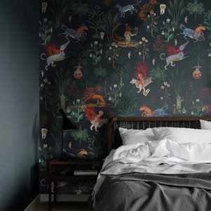Mythical Beasts Wallpaper: Dark Tropical Mural, Peel and Stick or Non ...
