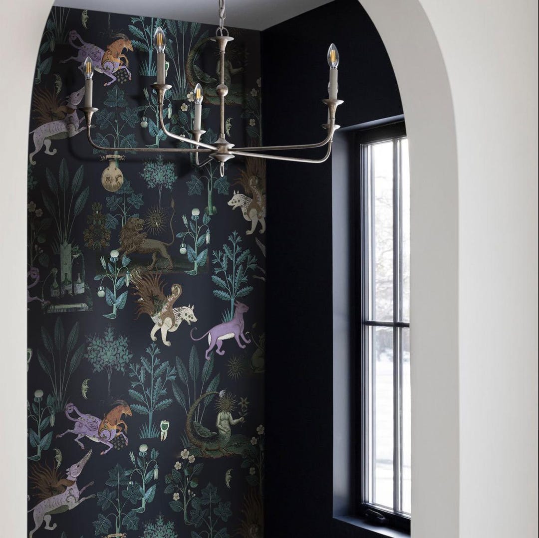 Botanical Beast Wallpaper: Purple Lion & Horse Mural, Black Background ...