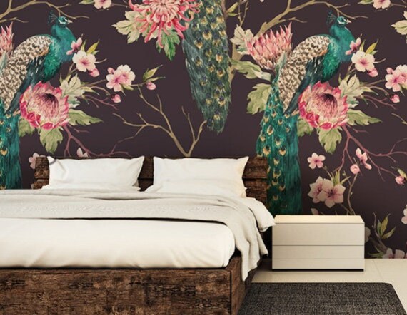 Wall Mural Peacock on Dark Background Floral Wallpaper - Etsy