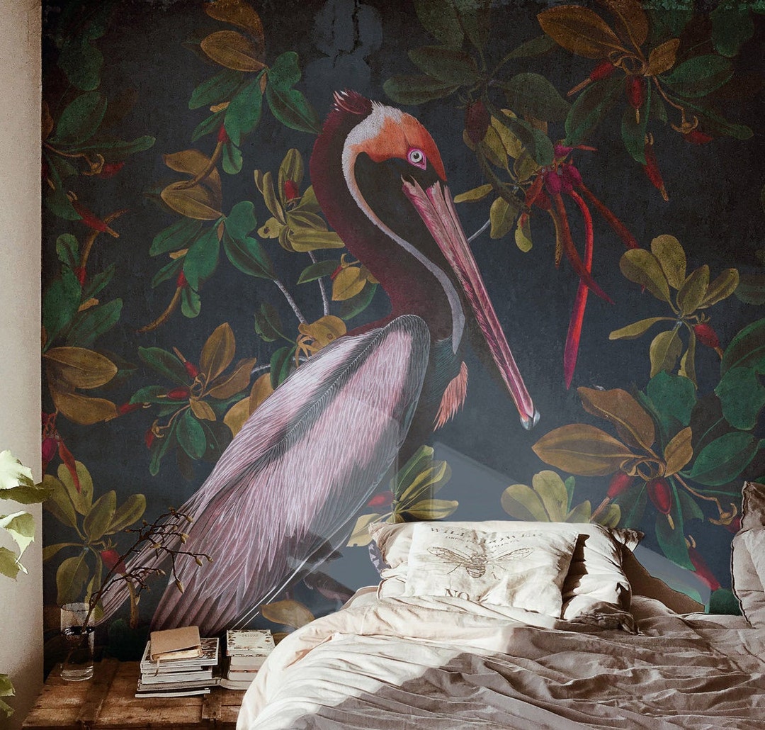 Pelican Botanical Wallpaper: Dark Tropical Bird Removable Wall Mural # ...