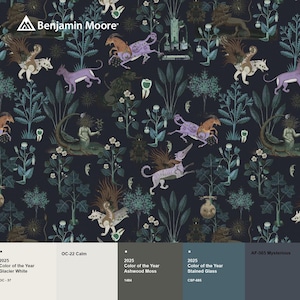 Botanical Beast Wallpaper: Purple Lion & Horse Mural, Black Background ...