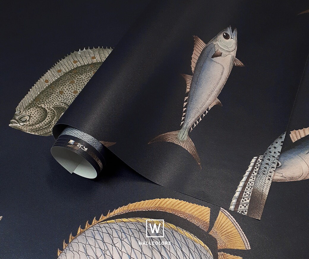Navy Blue Fish Wallpaper: Peel and Stick Removable Wall Decor #V6 - Etsy