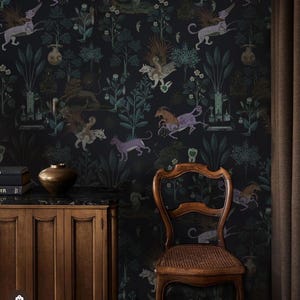 Botanical Beast Wallpaper: Purple Lion & Horse Mural, Black Background ...