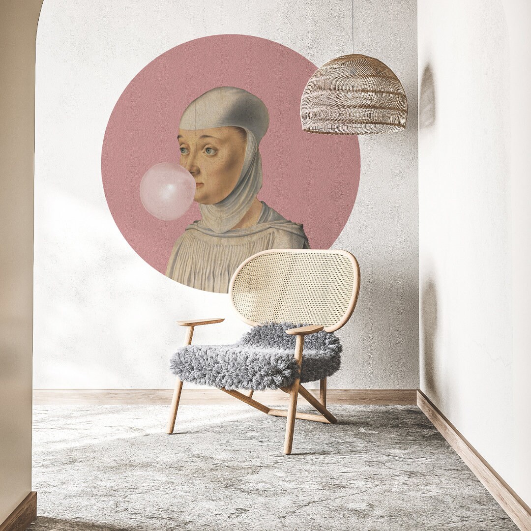 Woman With Bubble Gum Circle Sticker: Vintage Portrait Removable ...