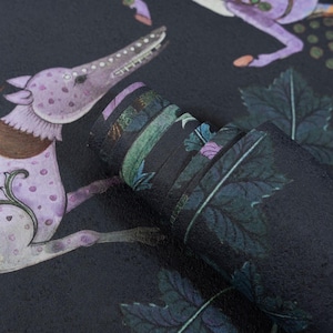 Botanical Beast Wallpaper: Purple Lion & Horse Mural, Black Background ...