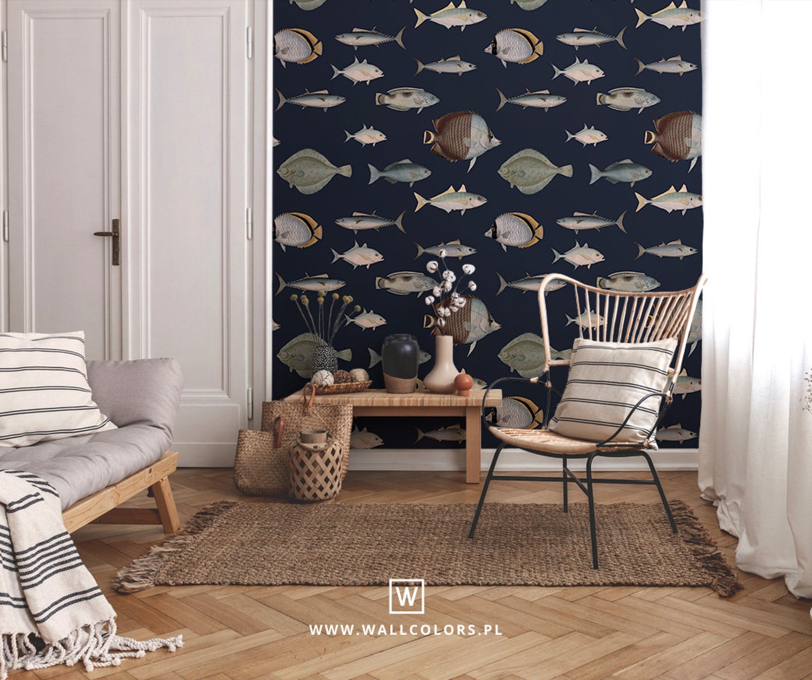 Navy Blue Fish Wallpaper: Peel and Stick Removable Wall Decor #V6 - Etsy