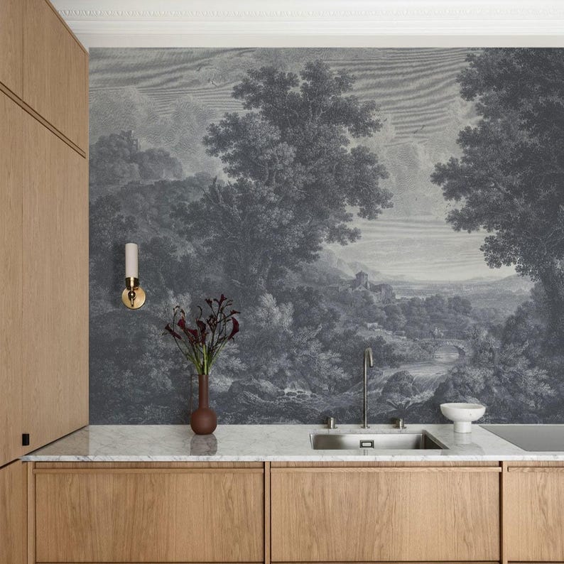 Blue Valley Landscape Wallpaper Mural: Vintage Peel and Stick Decor # ...
