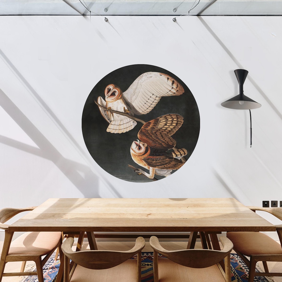Vintage Circle Sticker, Peel and Stick Owls at Night, Brown Bird, Wall ...