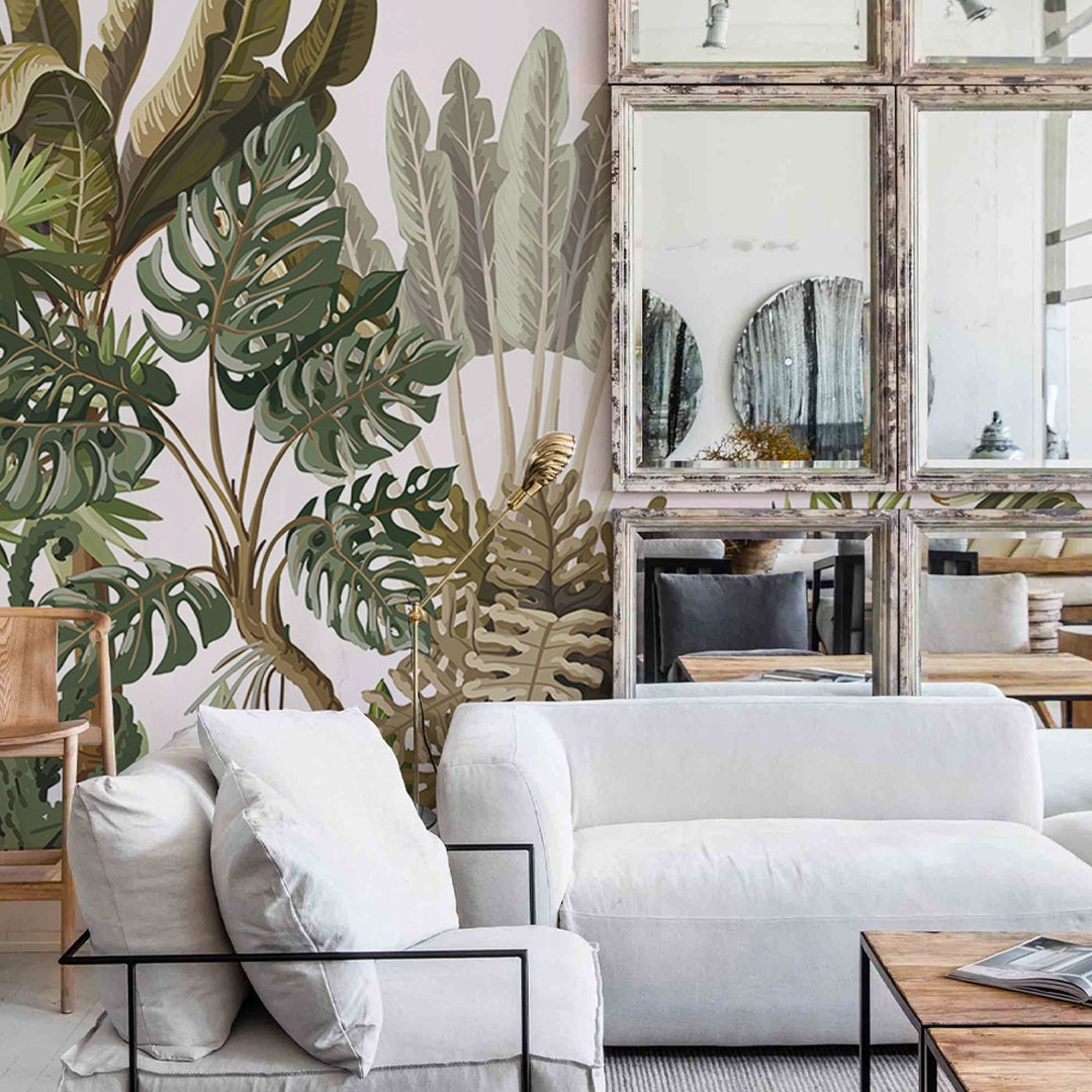 Tropical Jungle Wallpaper, Large Botanical Pattern, Cream Background ...