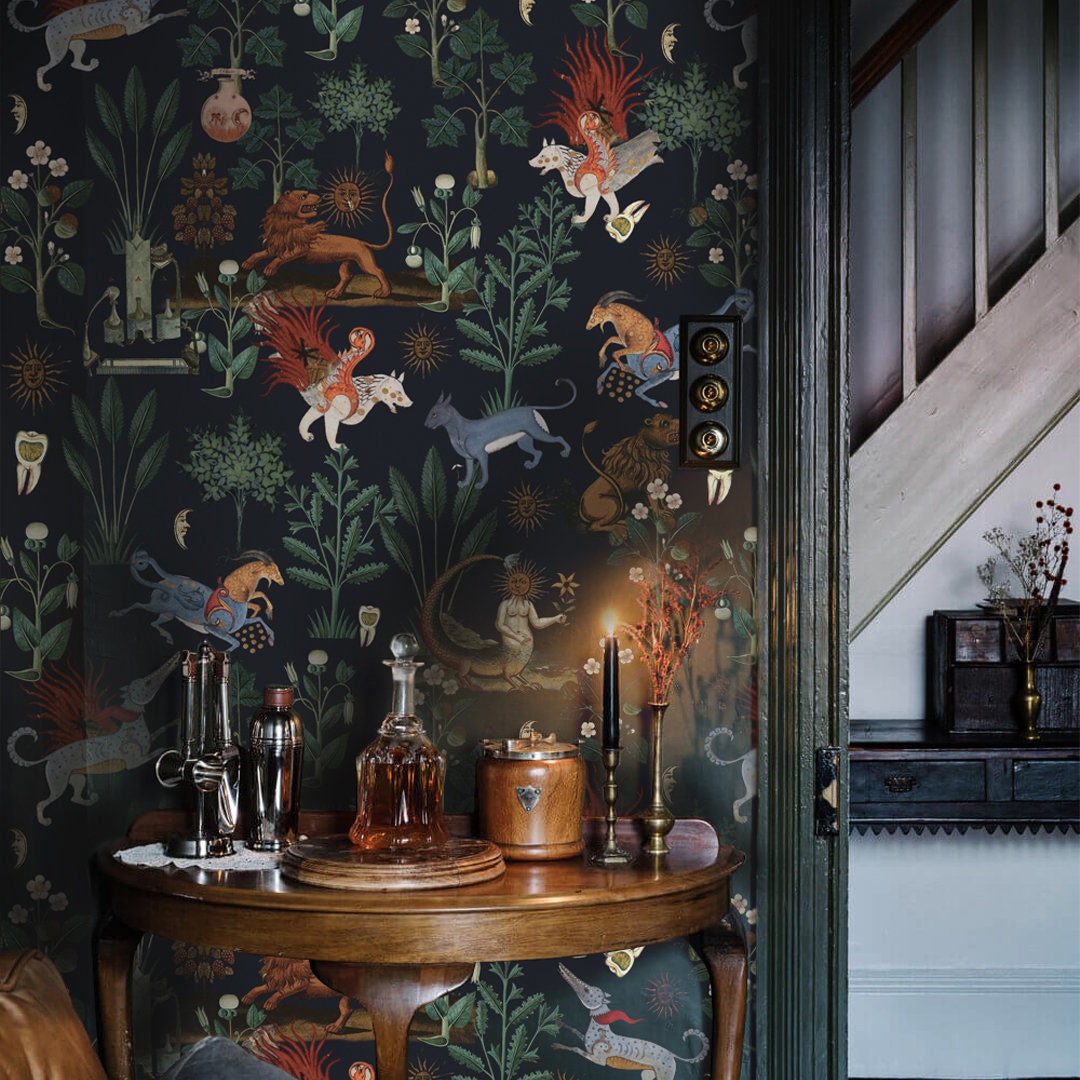 Botanical Mythical Beasts Wallpaper: Black Horse & Lion Wall Mural #B28 ...