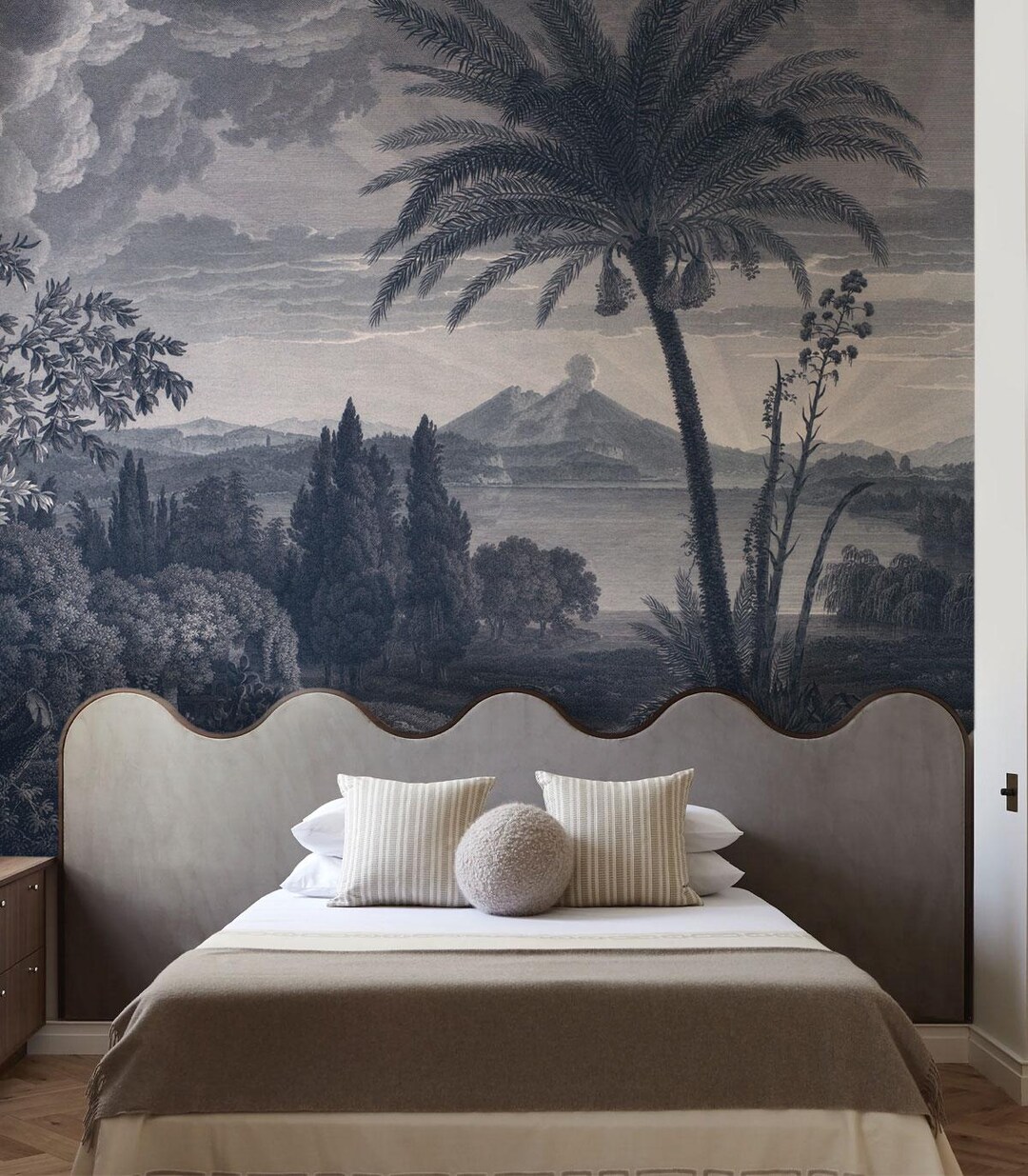 Tropical Volcano Vista Wallpaper: Blue Scenic Mural, Peel & Stick or ...