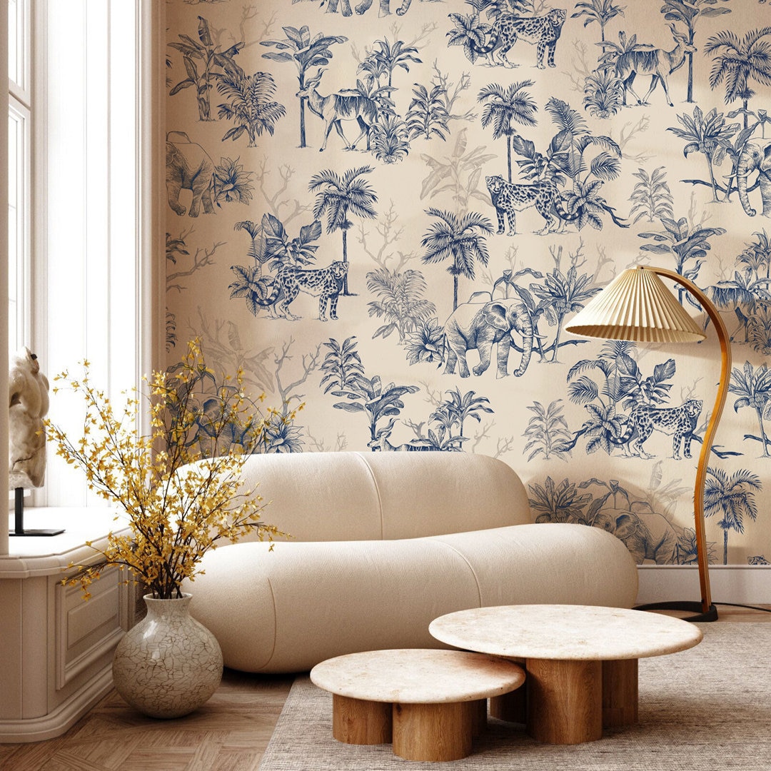 Jungle Wallpaper Monochrome Blue Safari Wild Animals Wall - Etsy UK