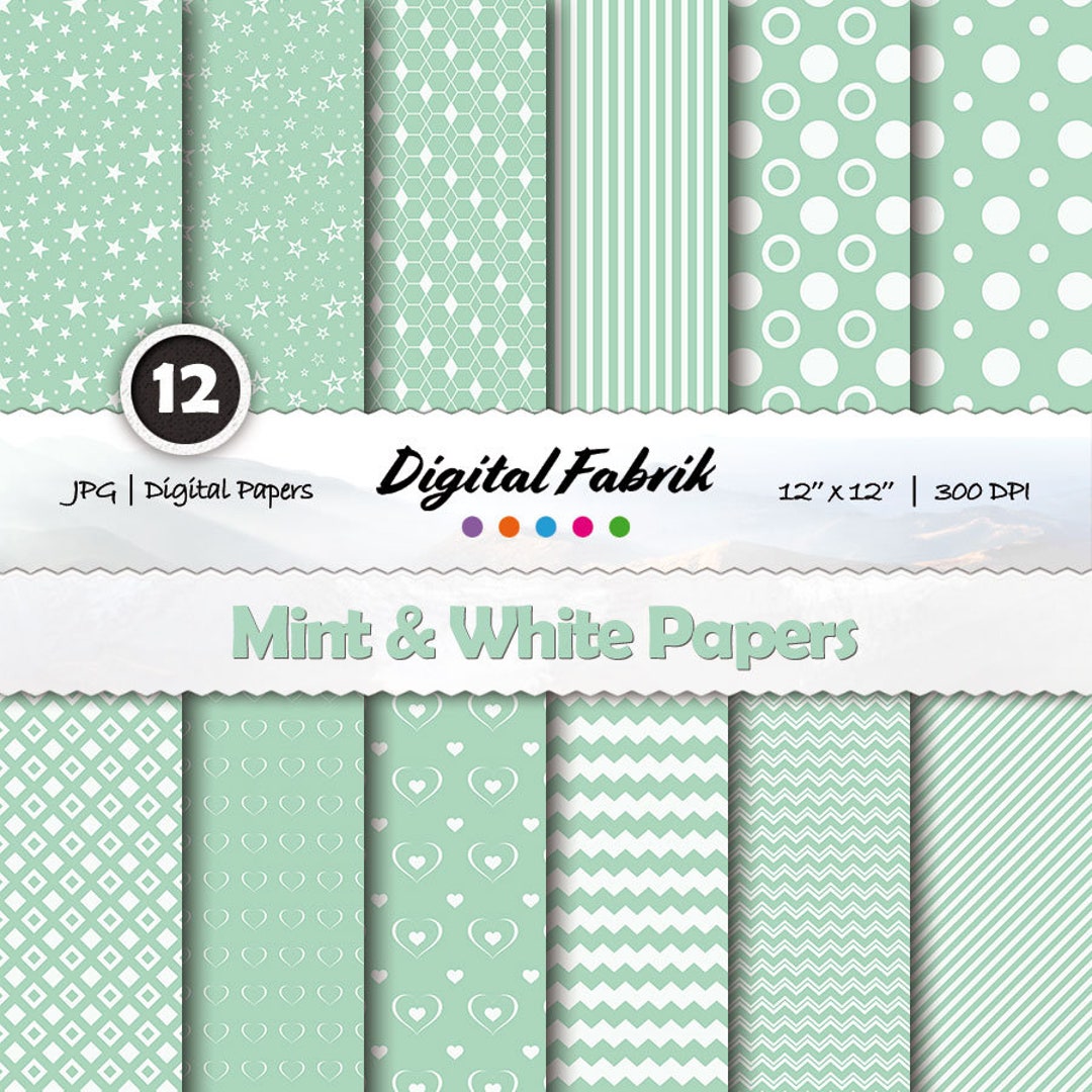 Mint & White Scrapbook Paper, 12 Digital Papers, Digital Paper Pack ...
