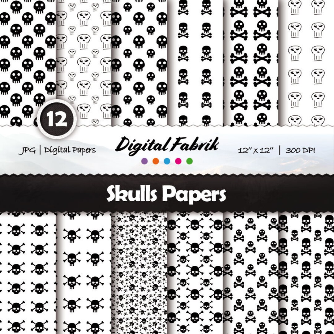 Black & White Skulls Scrapbook Paper, 12 Digital Papers, Digital Paper ...