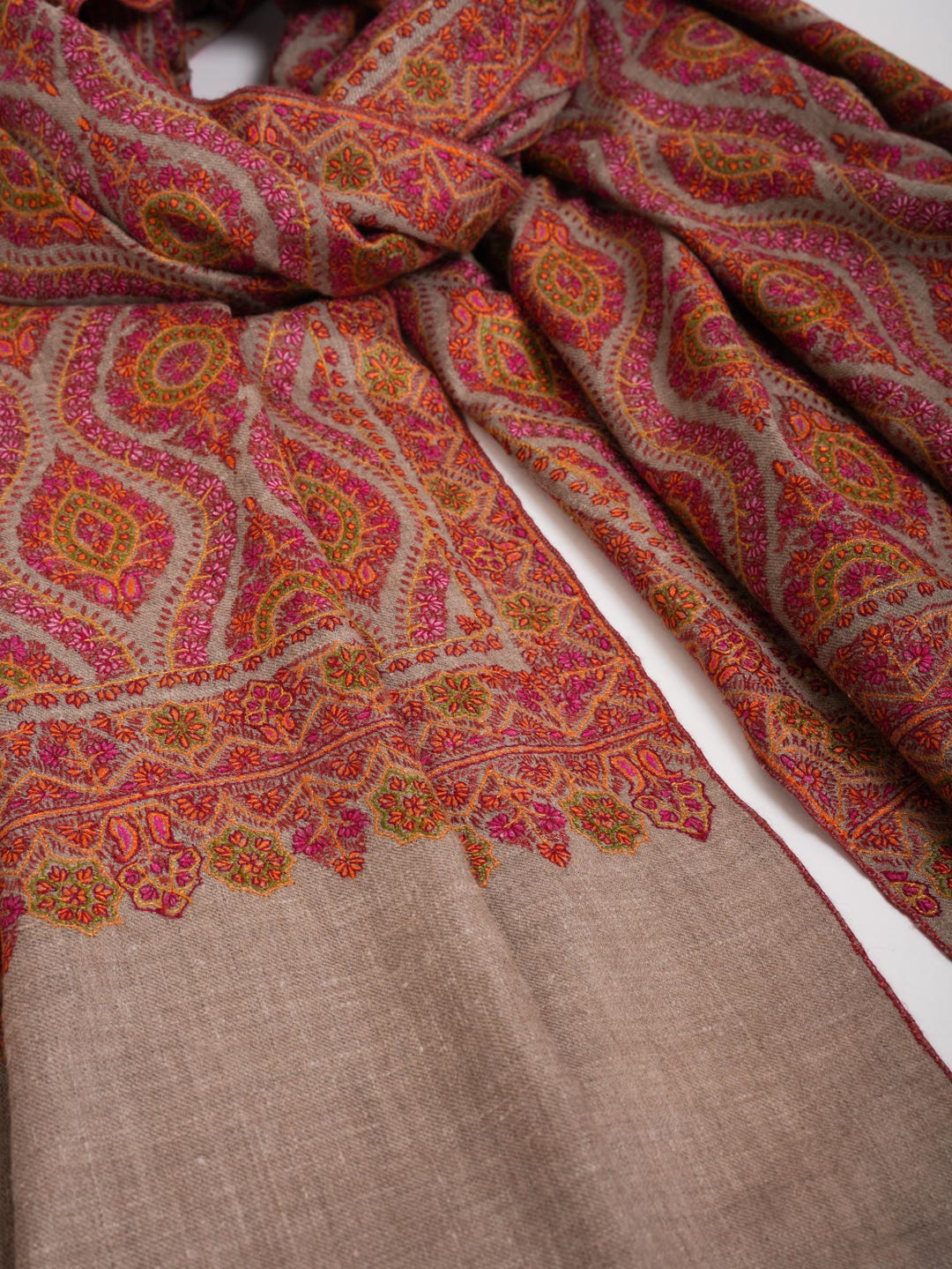 Hand Embroidered Natural Grey Pashmina Jamavar Shawl | Luxury Pashmina ...