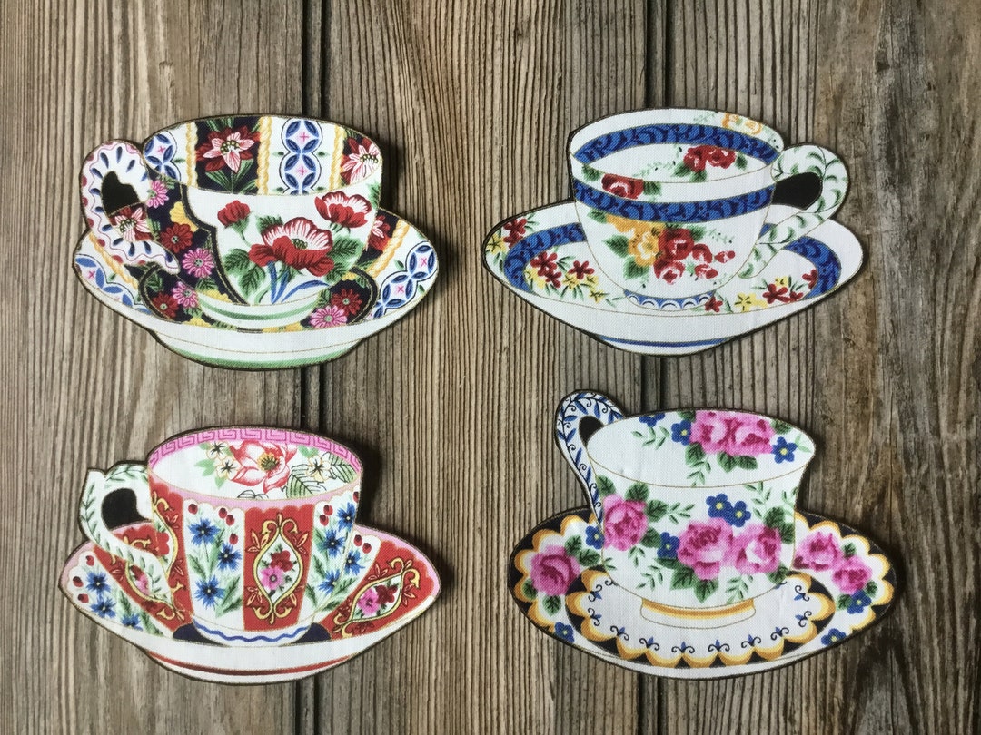4 English Victorian Teacup and Saucer Iron-on Cotton Fabric Appliques ...