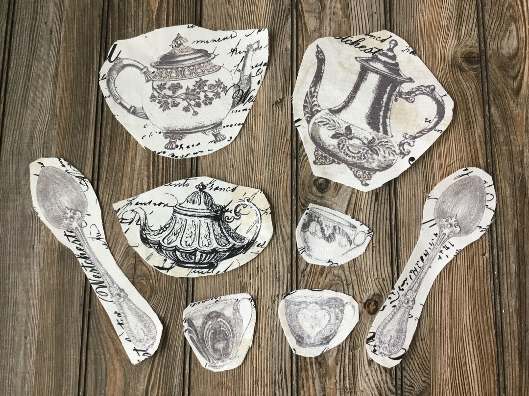 8 Big Piece of Teacups, Teapots & Spoon Iron-on Cotton Fabric Appliques ...