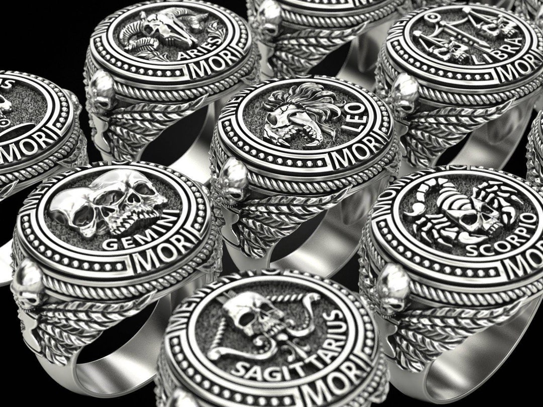 Silver Zodiac Symbol Statement Ring, Oxidized Signet for Men, Astrology ...