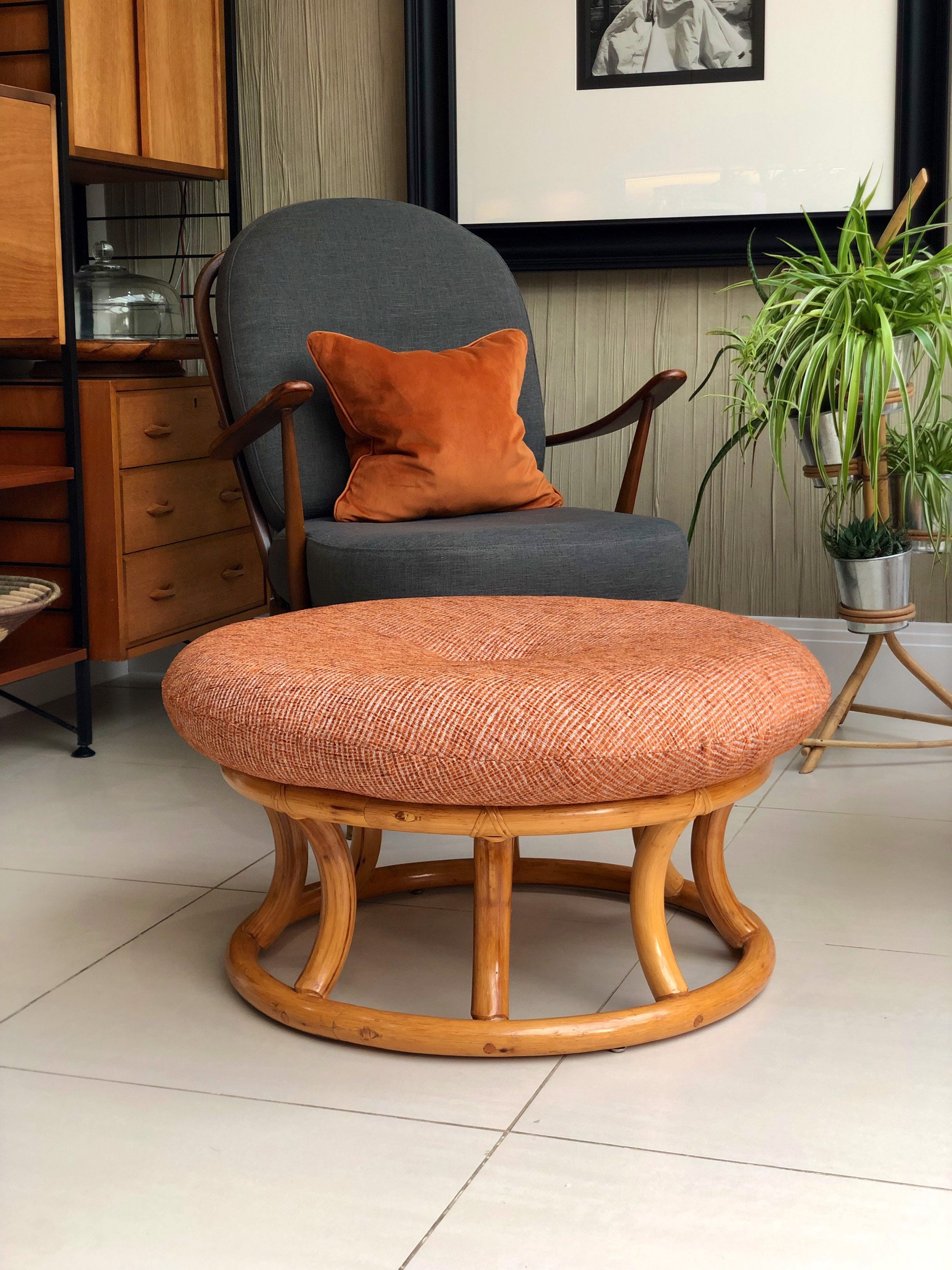 70s Bamboo Footstool Coffee End Table Newly upholstered in Pumpkin Orange