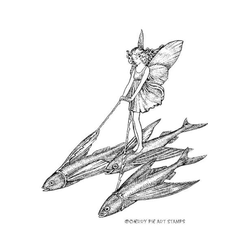 Fish surfing fairy CLING RuBBer STAMP by Cherry Pie Q531 | Etsy