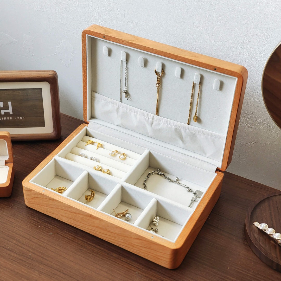 Hansimon Solid Wood Jewelry Box, Large Walnut Cherry Wood Box, Leather ...