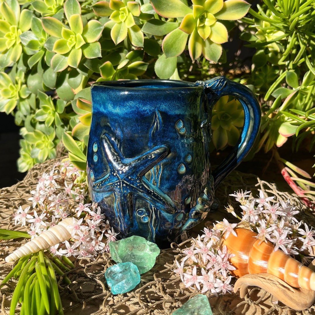 Starfish Seashell Pottery Mug// Blue Mug Ceramic Ocean Mugs - Etsy