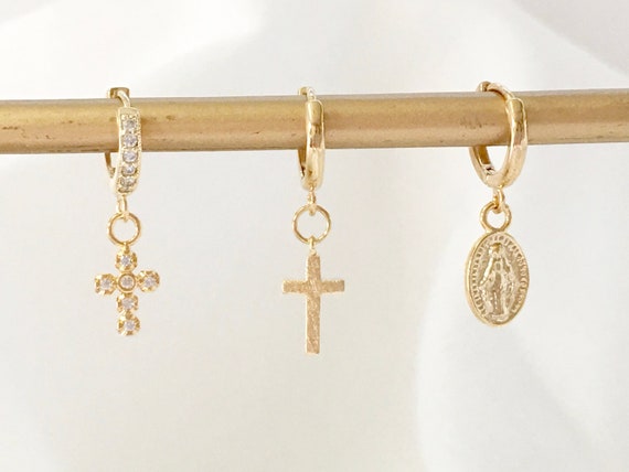 YARA Gold Cross Earring Cross Huggie Hoops Virgin Mary - Etsy