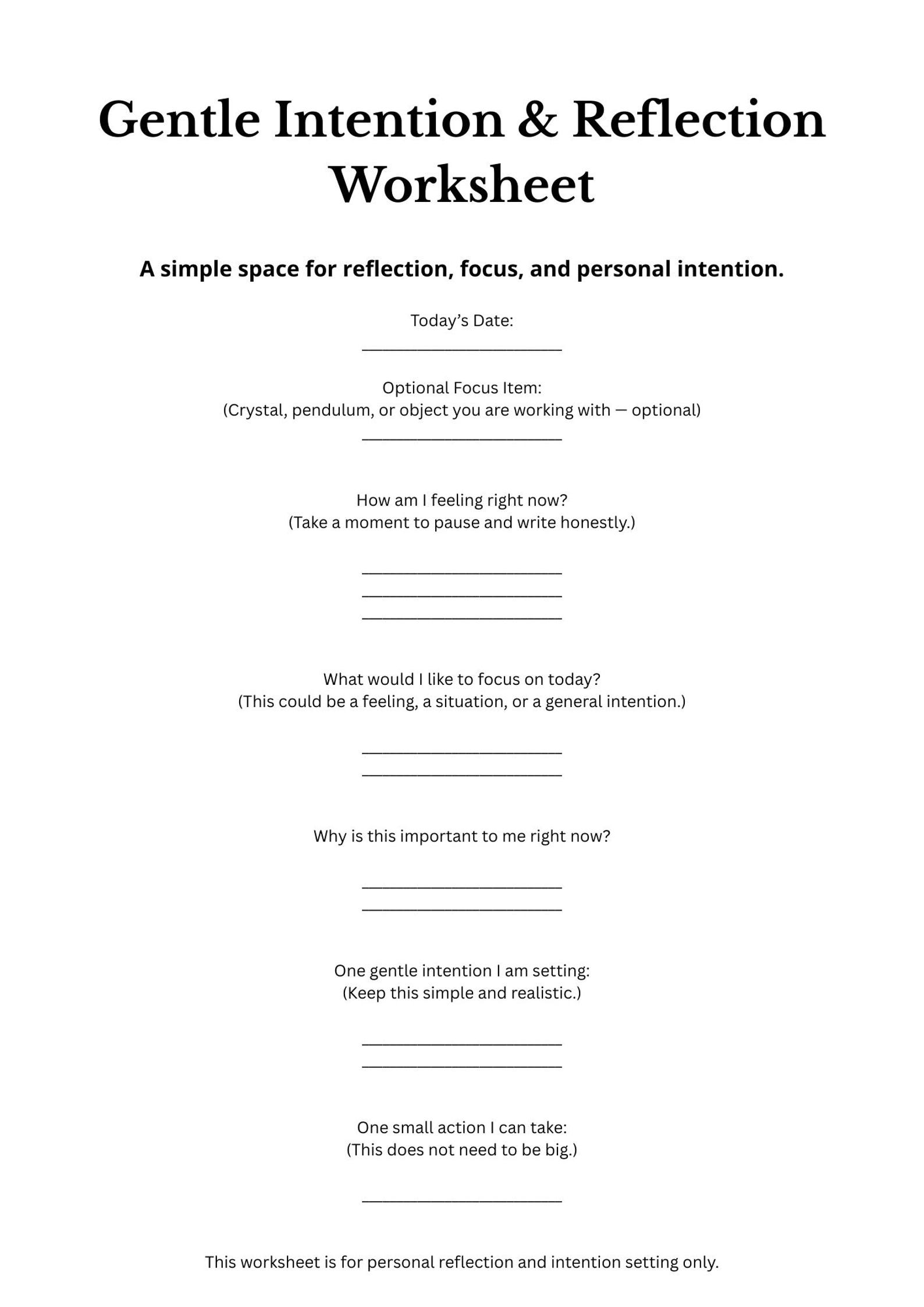 Printable Intention Setting Worksheet, Simple Reflection Page for ...
