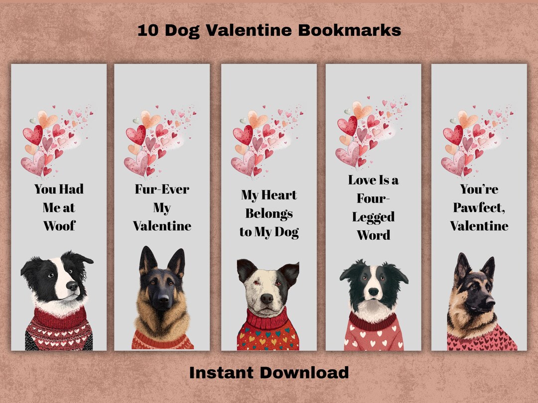 Valentine Dog Bookmarks Printable Set – Border Collie, German Shepherd ...