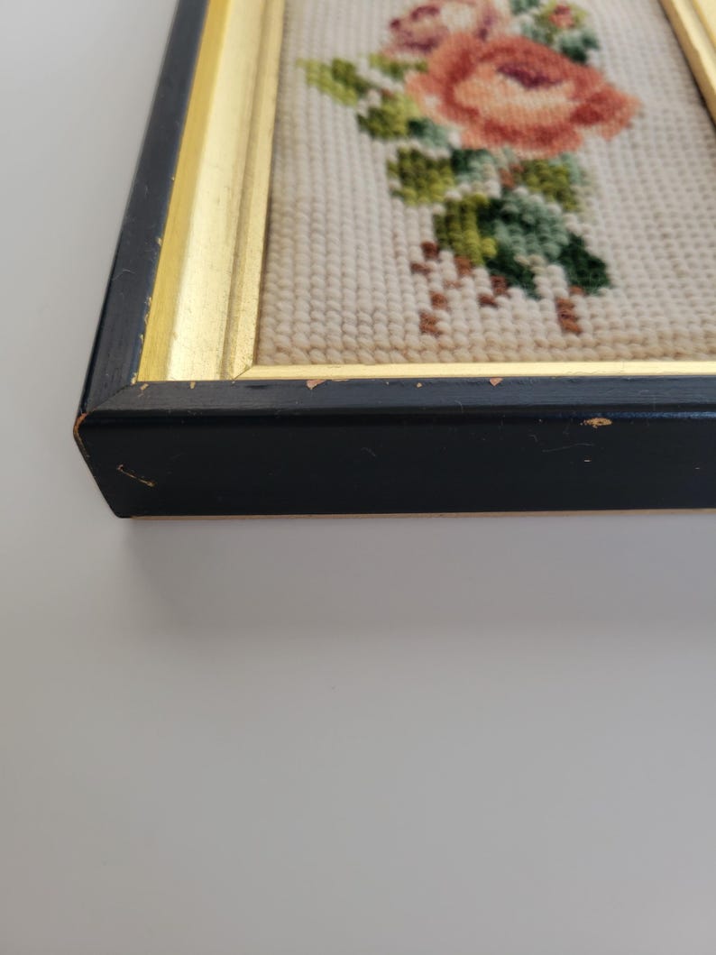 Vintage Framed Petit Point Rose Needlepoint, Small Cottagecore Floral ...