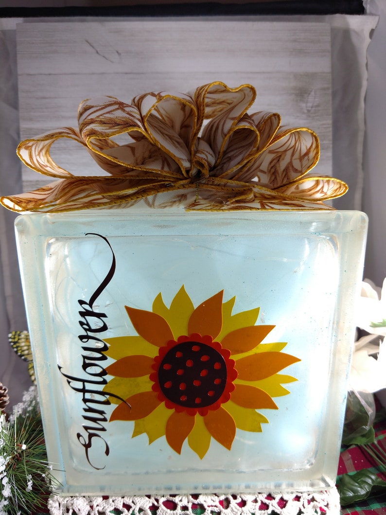 Sunflower Glass Block With Lights, Lighted Glass Block Fall Decor ...
