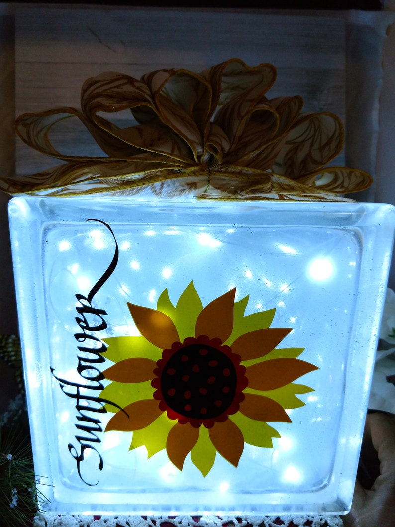 Sunflower Glass Block With Lights, Lighted Glass Block Fall Decor ...