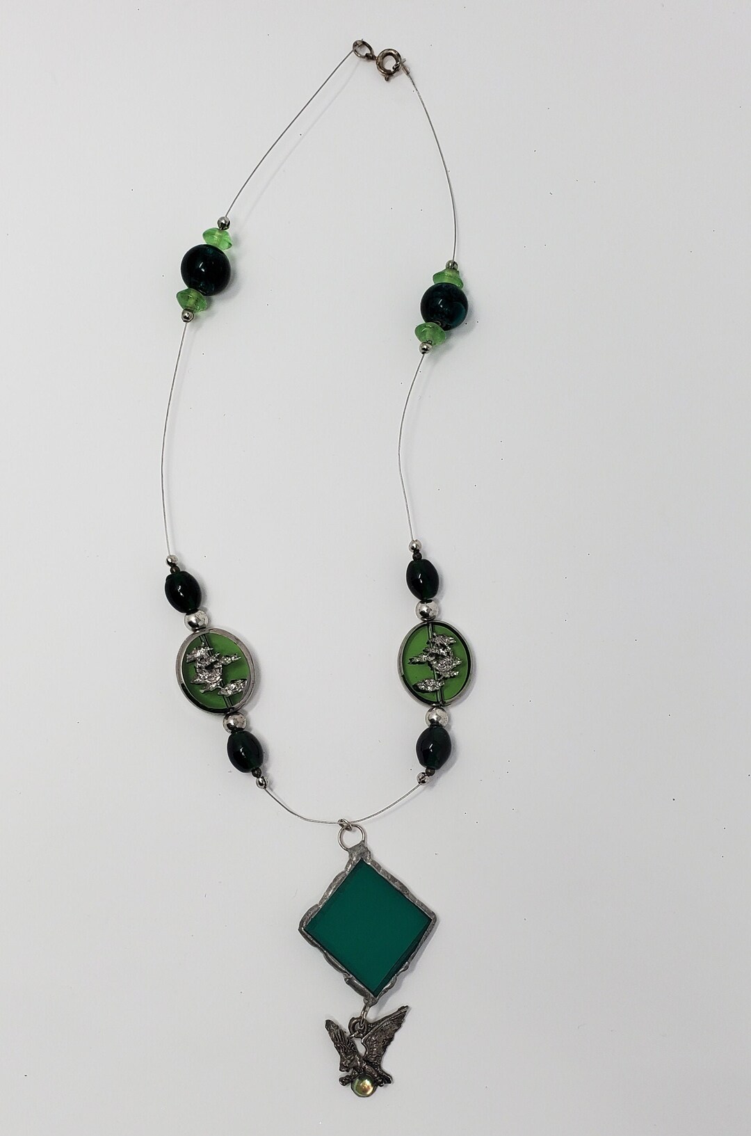 Green Glass Beaded Eagle Necklace, Green and Silver Beaded Necklace, St ...