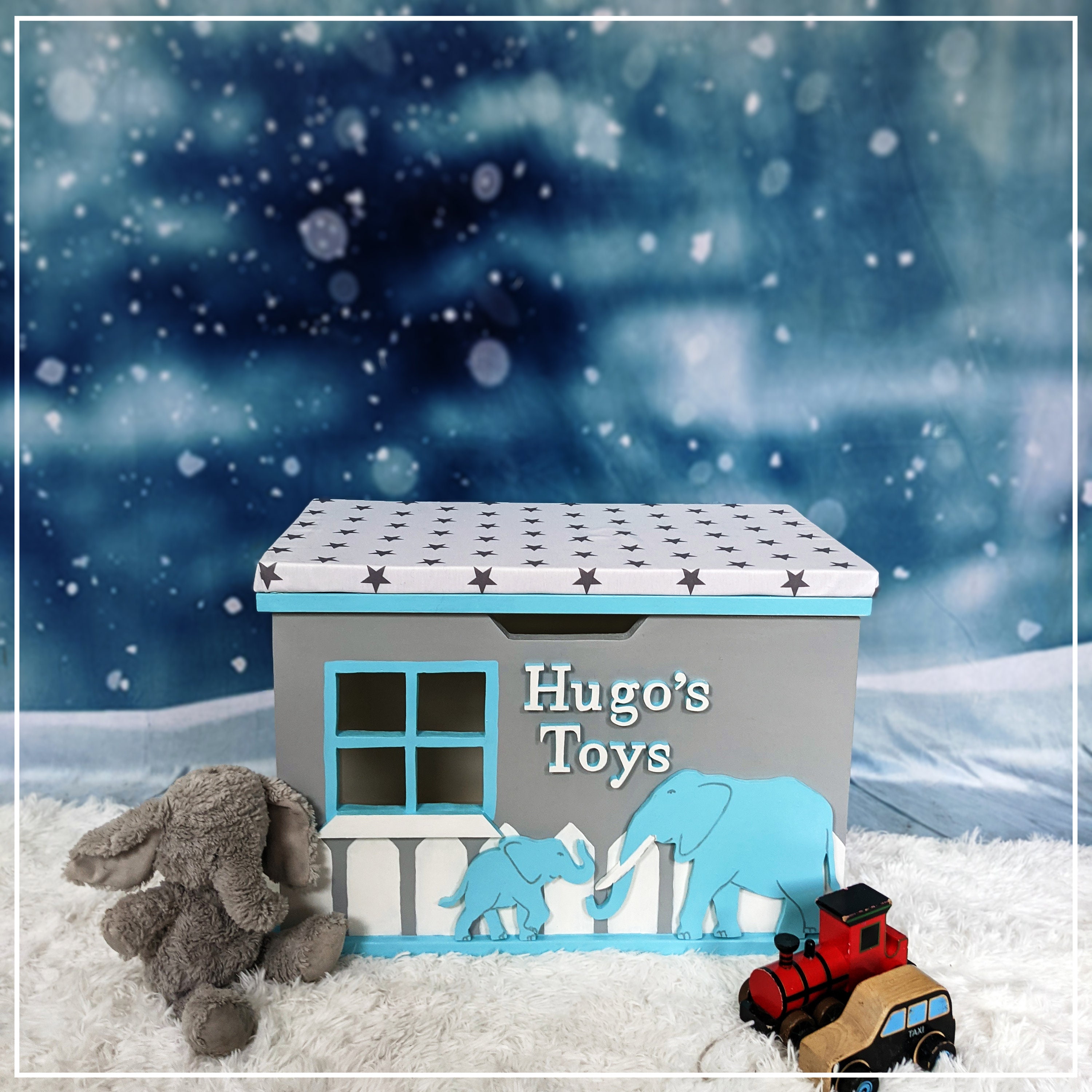 Train Personalised Toy Box With Cushioned Seat - Large Blue Wooden Boys ...