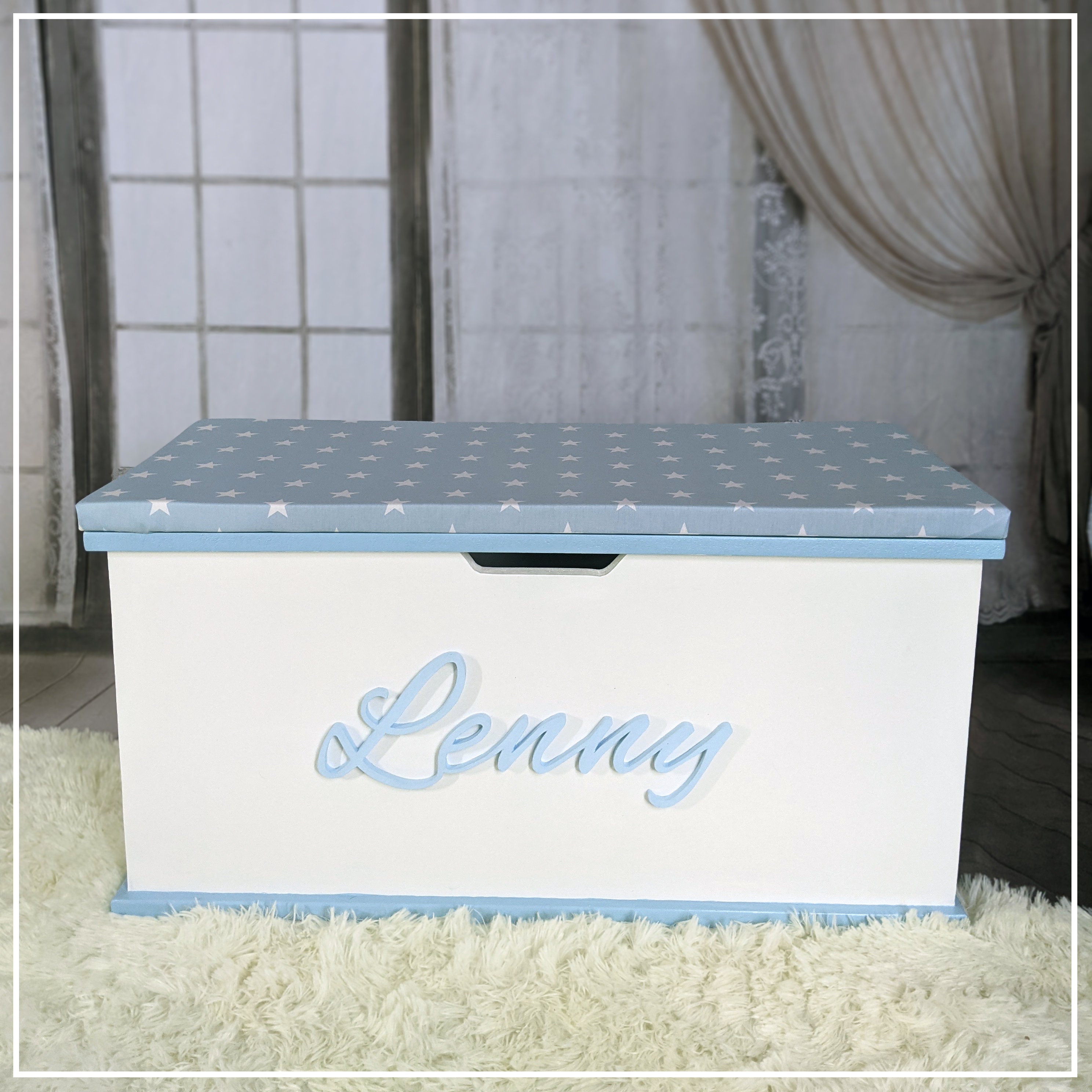 Train Personalised Toy Box With Cushioned Seat Large Blue - Etsy UK