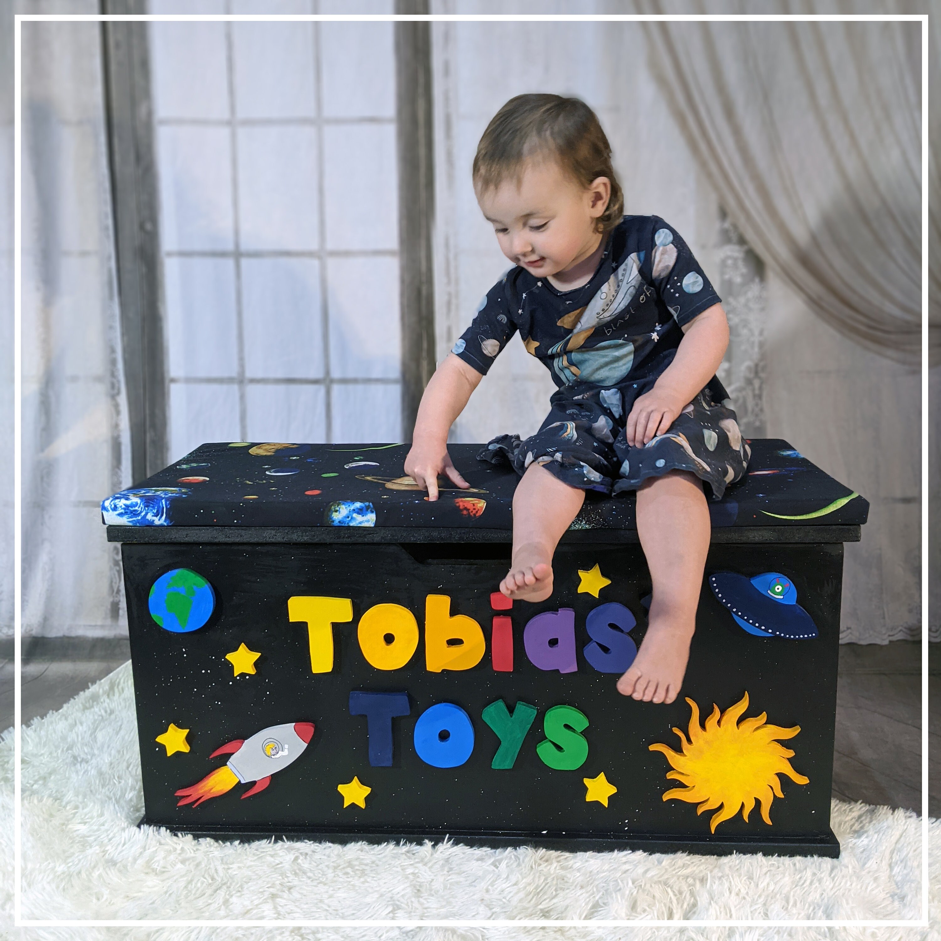 Space Theme Personalised Toy Box Woodland Modern Toy Storage with Cushion Seat XXL Toybox Stars and Planets Toy Chest Etsy