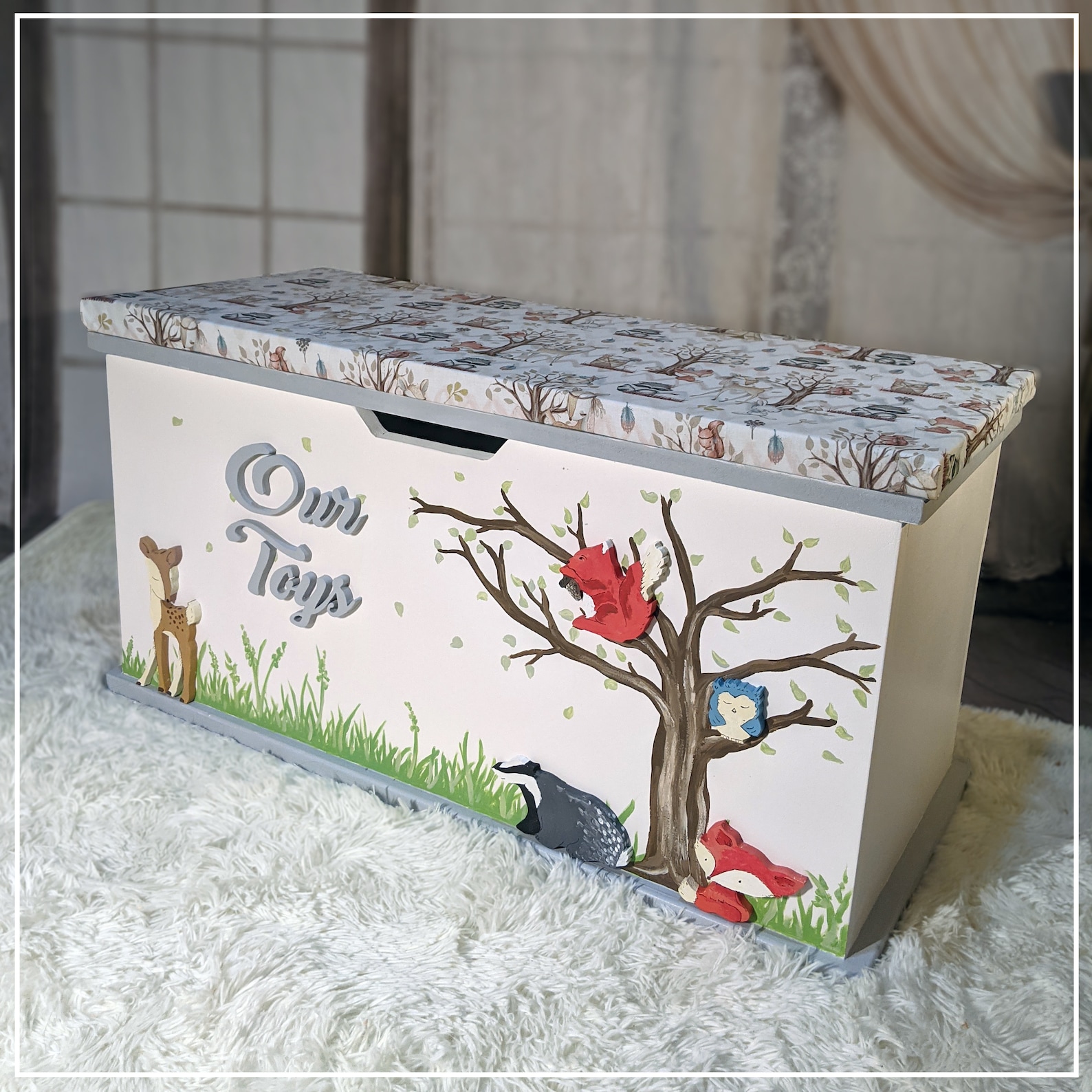 Wooden Toy Box, Personalised Toy Storage With Cushion Seat, Enchanted ...