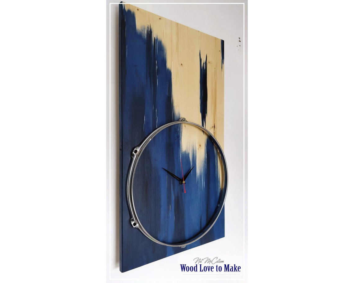 Large Wood Wall Clock Large Blue Clock Drum Clock - Etsy UK