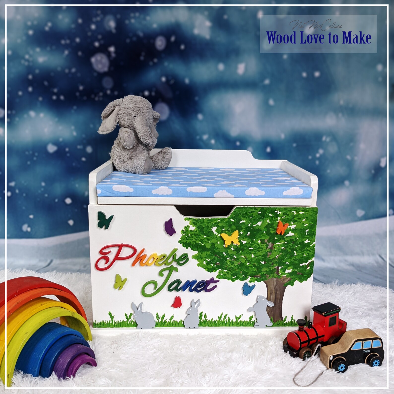 Wooden Toy Box, Personalised Toy Storage With Cushion Seat, Enchanted ...