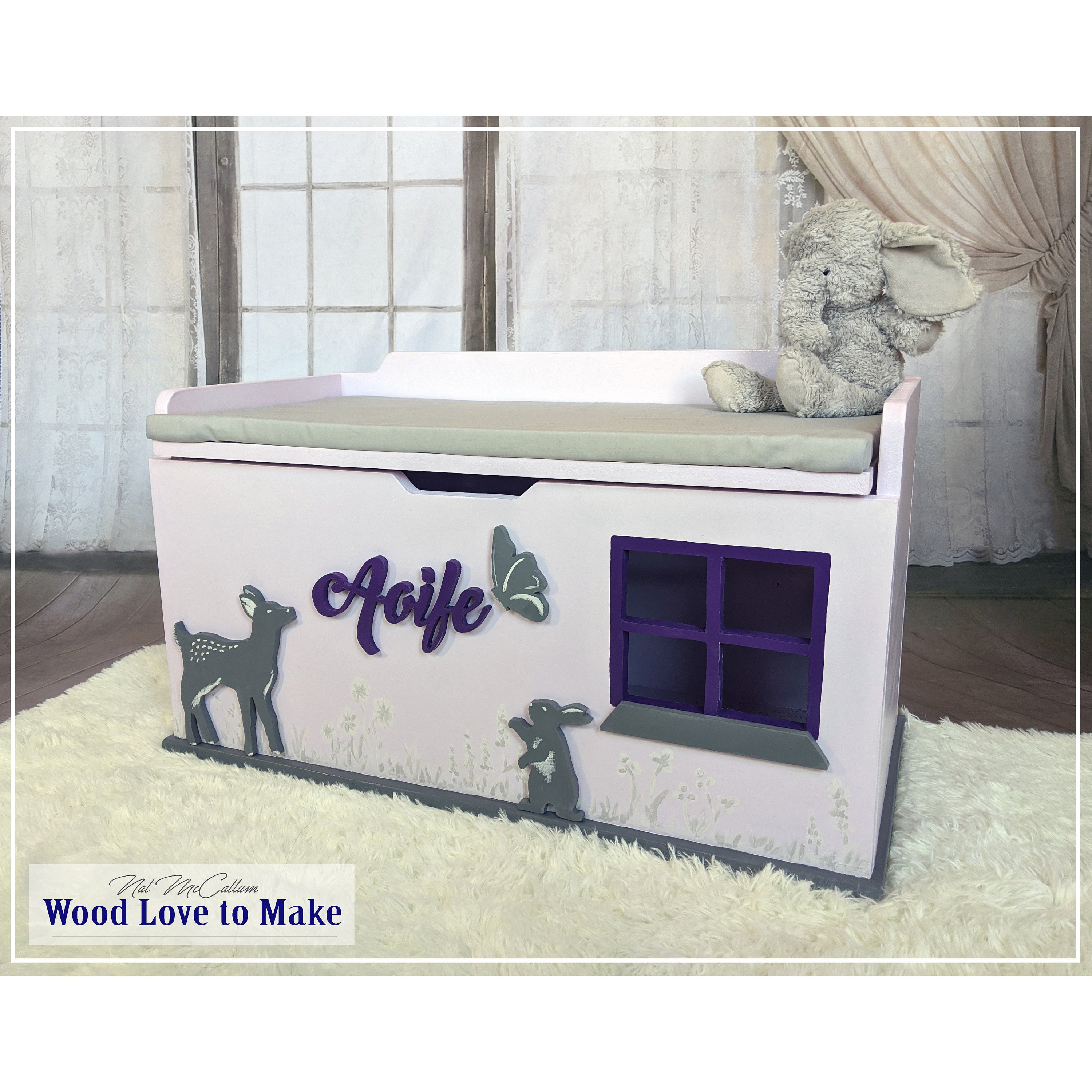 Wooden Toy Box, Personalised Toy Storage With Cushion Seat, Enchanted ...