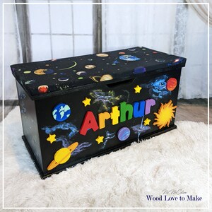 Rainbow Space Theme Personalised Toy Box, Toy Storage With Cushion Seat ...