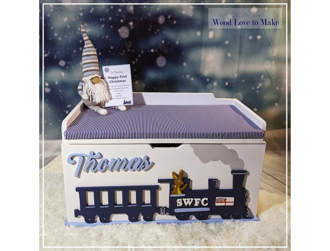 Train Personalised Toy Box With Cushioned Seat - Large Blue Wooden Boys ...