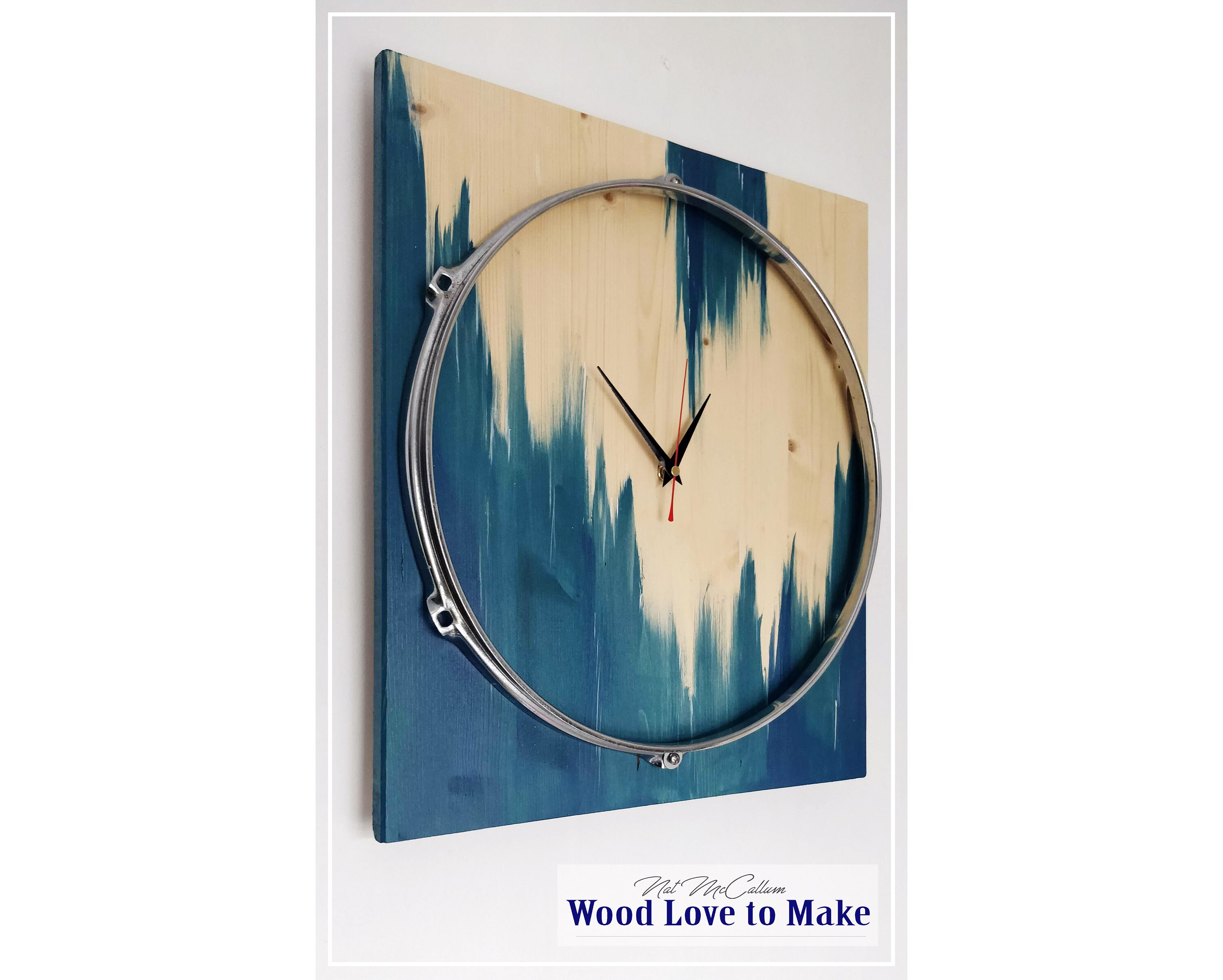 Large Wood Wall Clock Large Blue Clock Drum Clock - Etsy UK