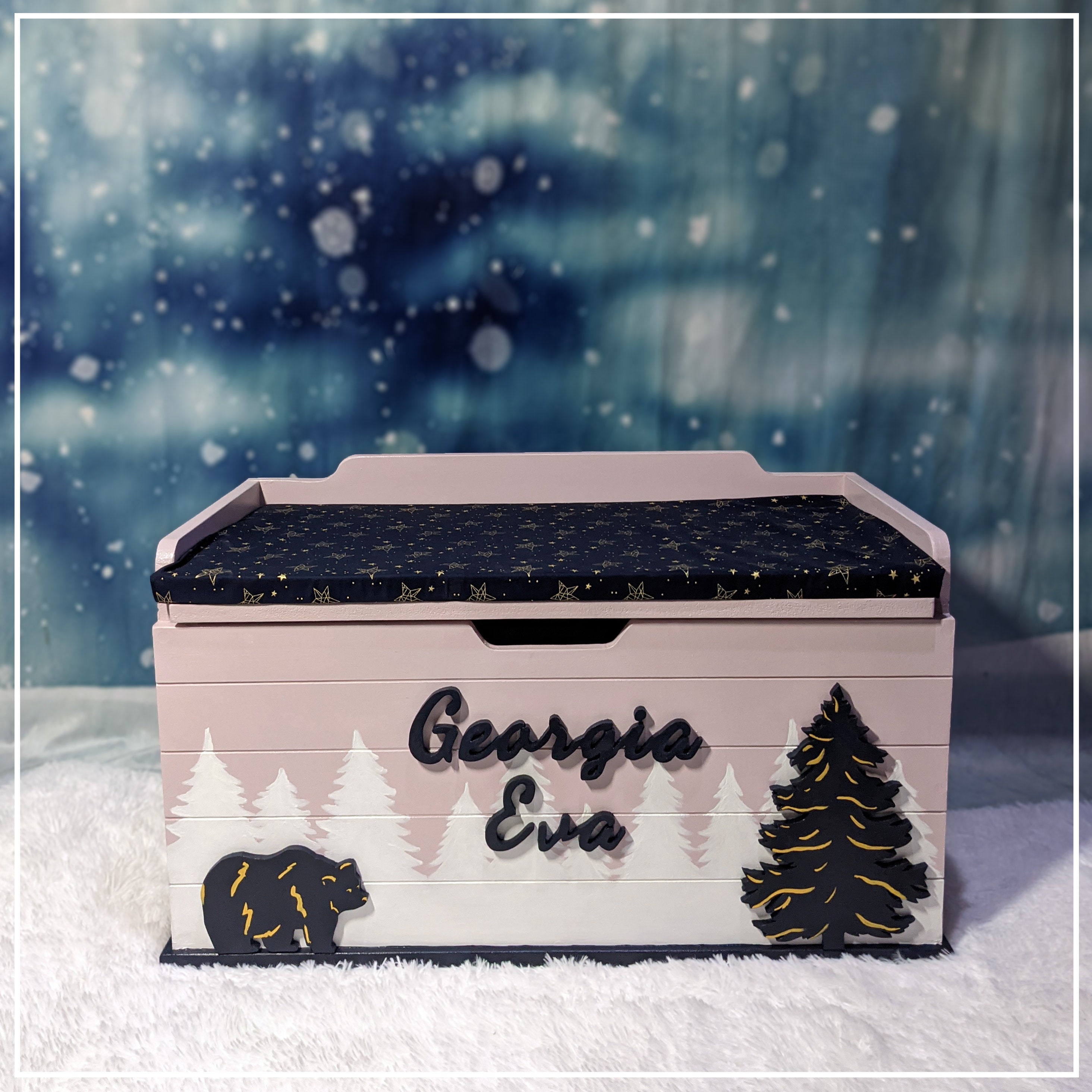 Wooden Toy Box, Personalised Toy Storage With Cushion Seat, Enchanted ...