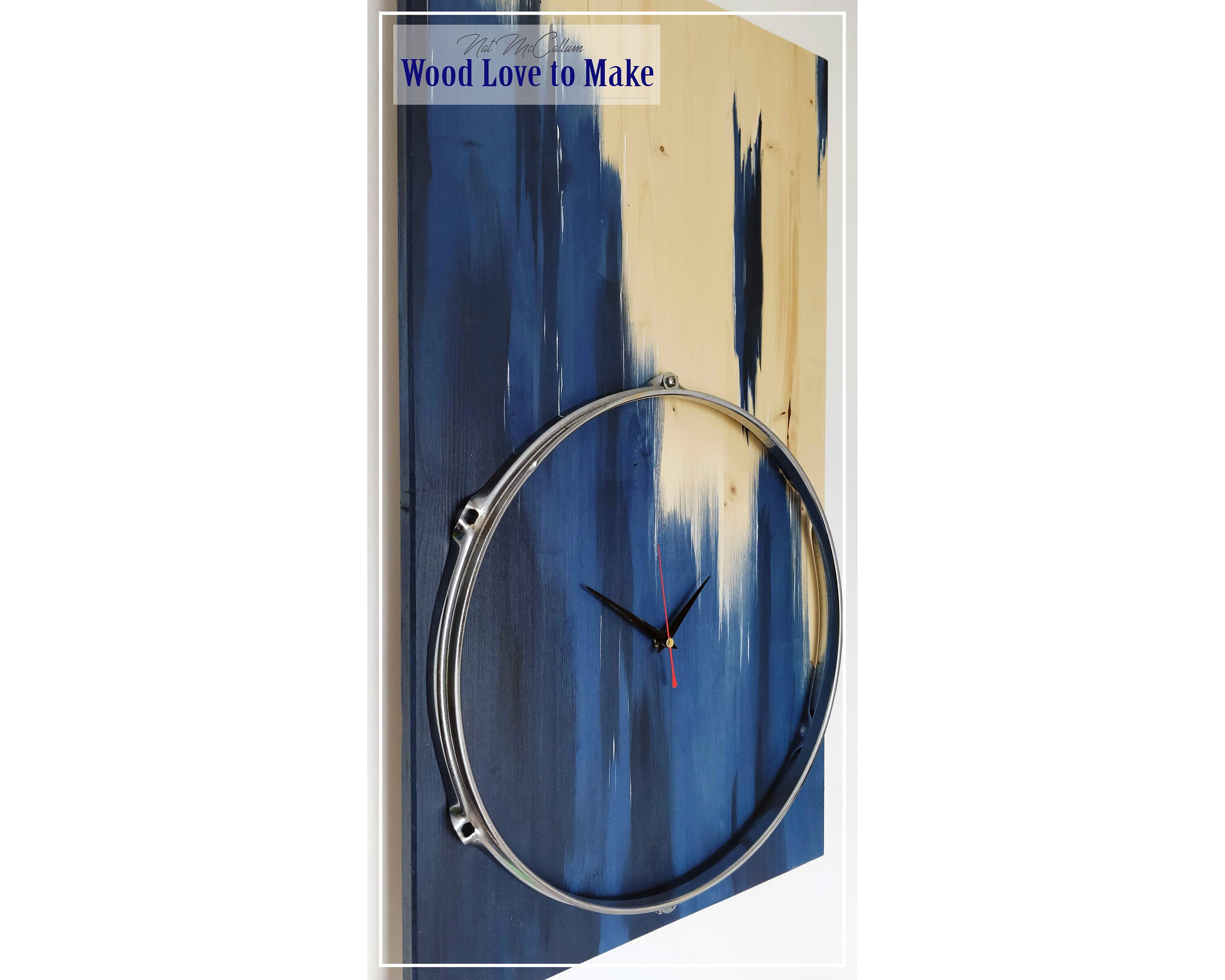 Large Wood Wall Clock Large Blue Clock Drum Clock - Etsy UK