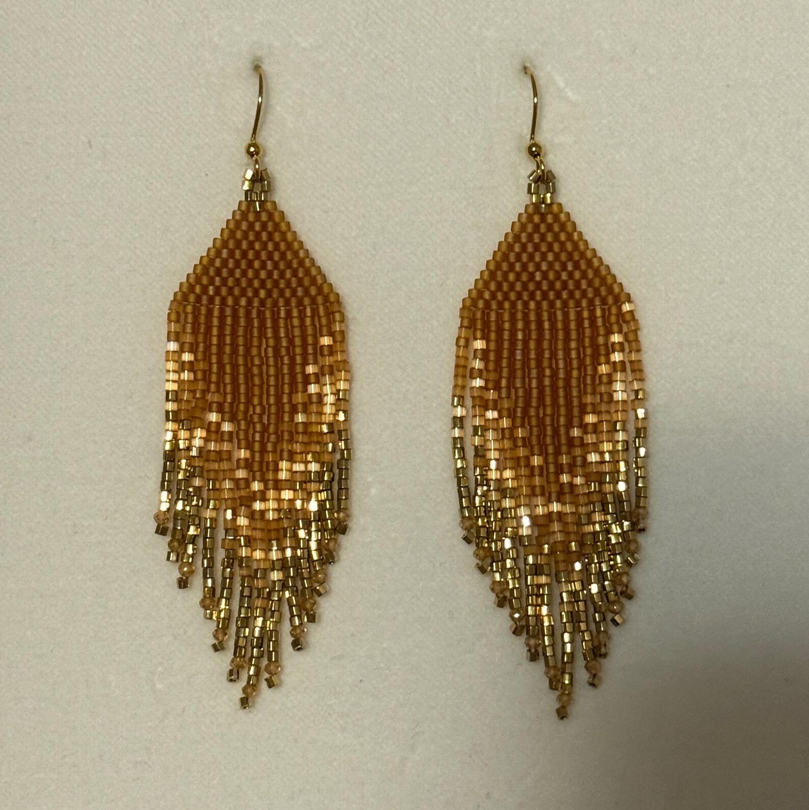 Small White, Cream & Caramel Beaded Fringe Earrings With Gold ...