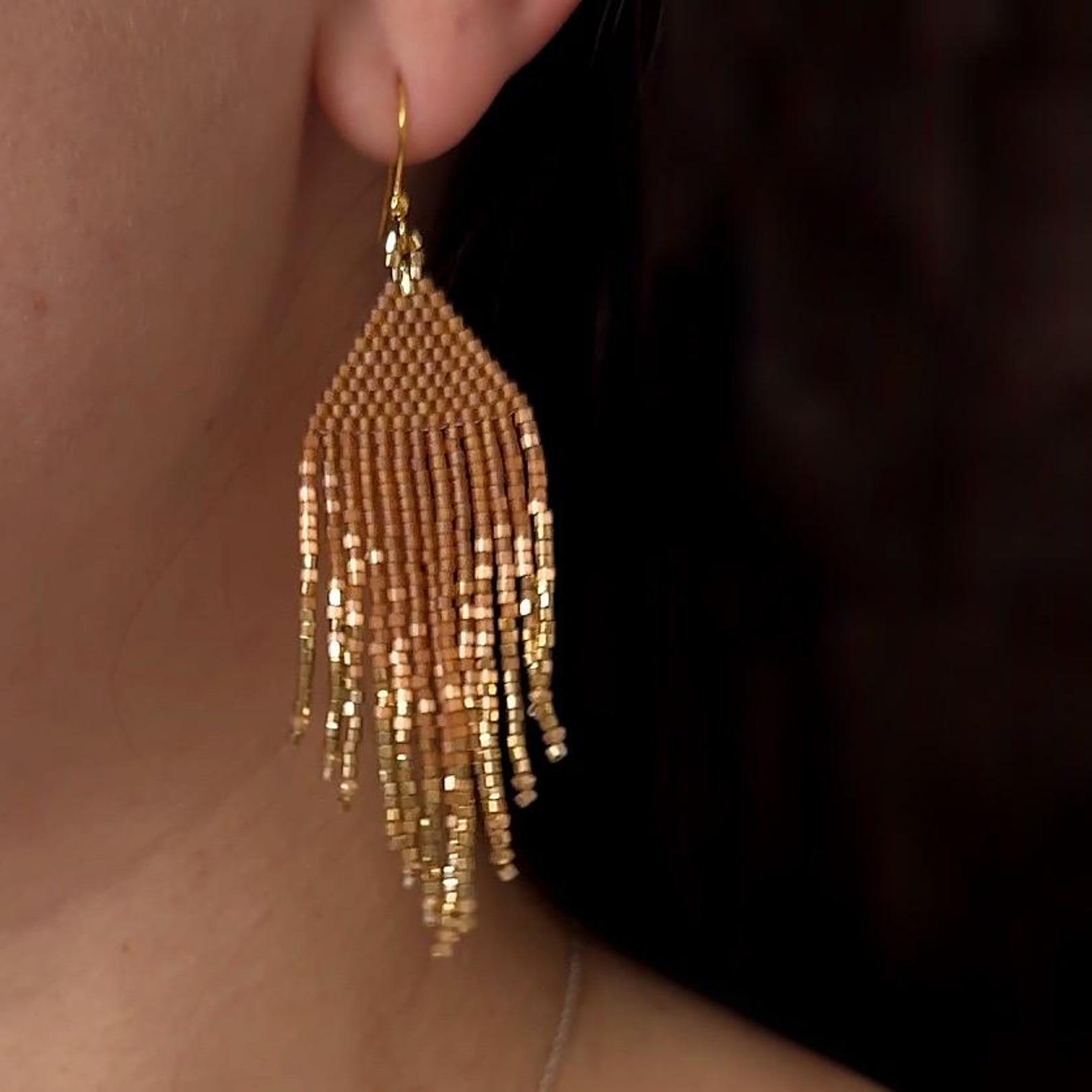Small White, Cream & Caramel Beaded Fringe Earrings With Gold ...