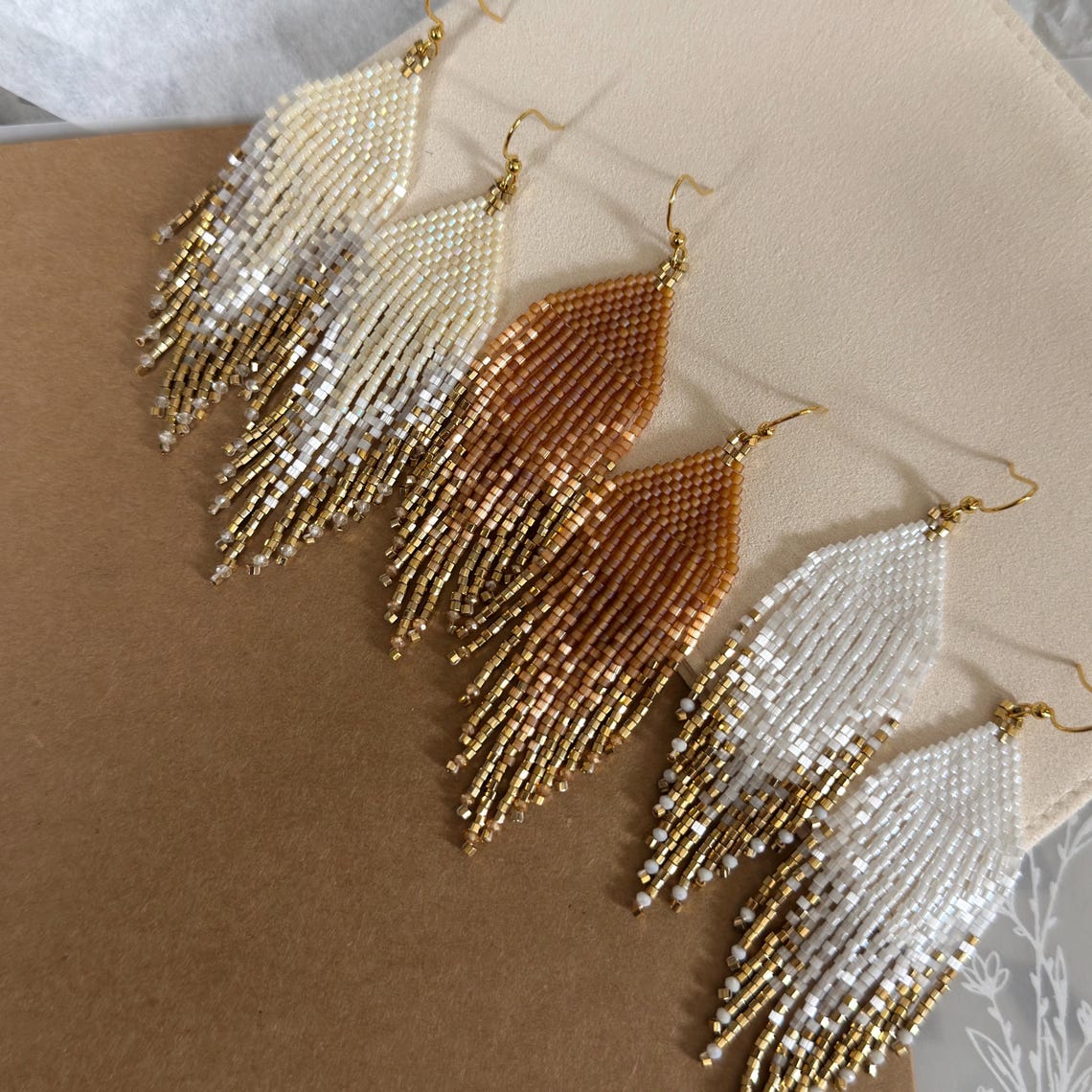 Small White, Cream & Caramel Beaded Fringe Earrings With Gold ...