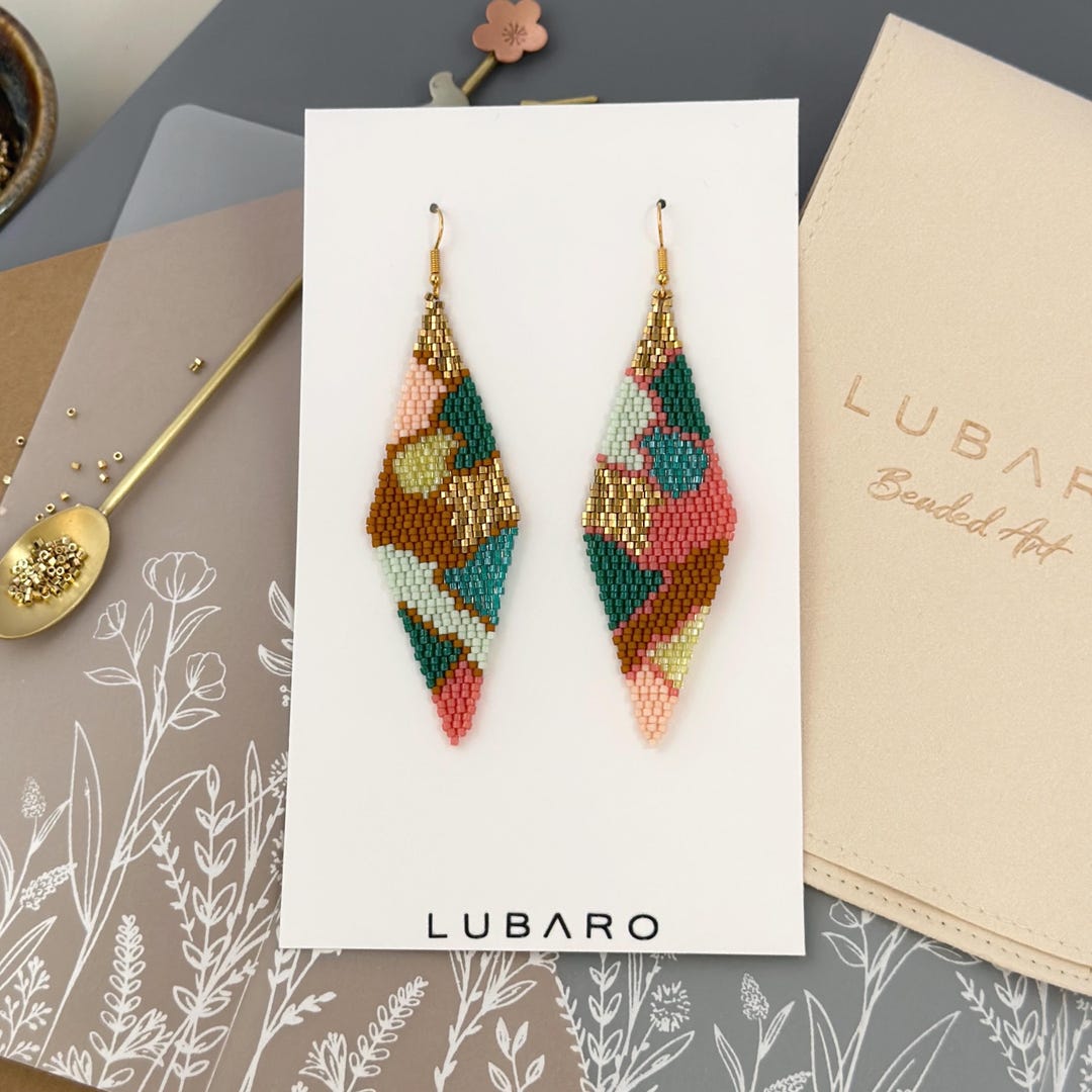 Abstract Colorful Rhombus Beaded Earrings, Handmade Modern Geometric ...